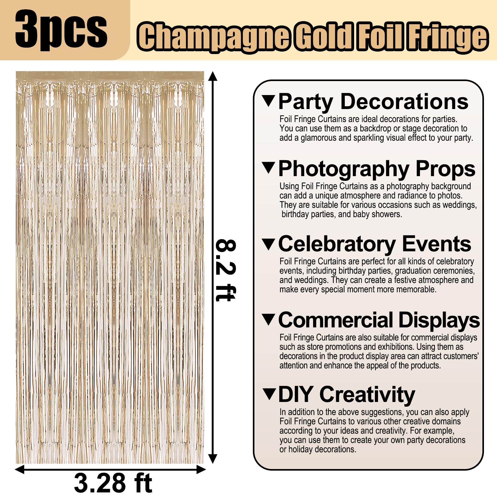 3 Pack Champagne Gold Foil Fringe Curtain Backdrop, 3.28Ft x 8.2Ft Metallic Tinsel Foil Fringe Streamer Curtains for Photo Booth, Valentine's Day, Wedding, Birthday, New Year Party Decorations