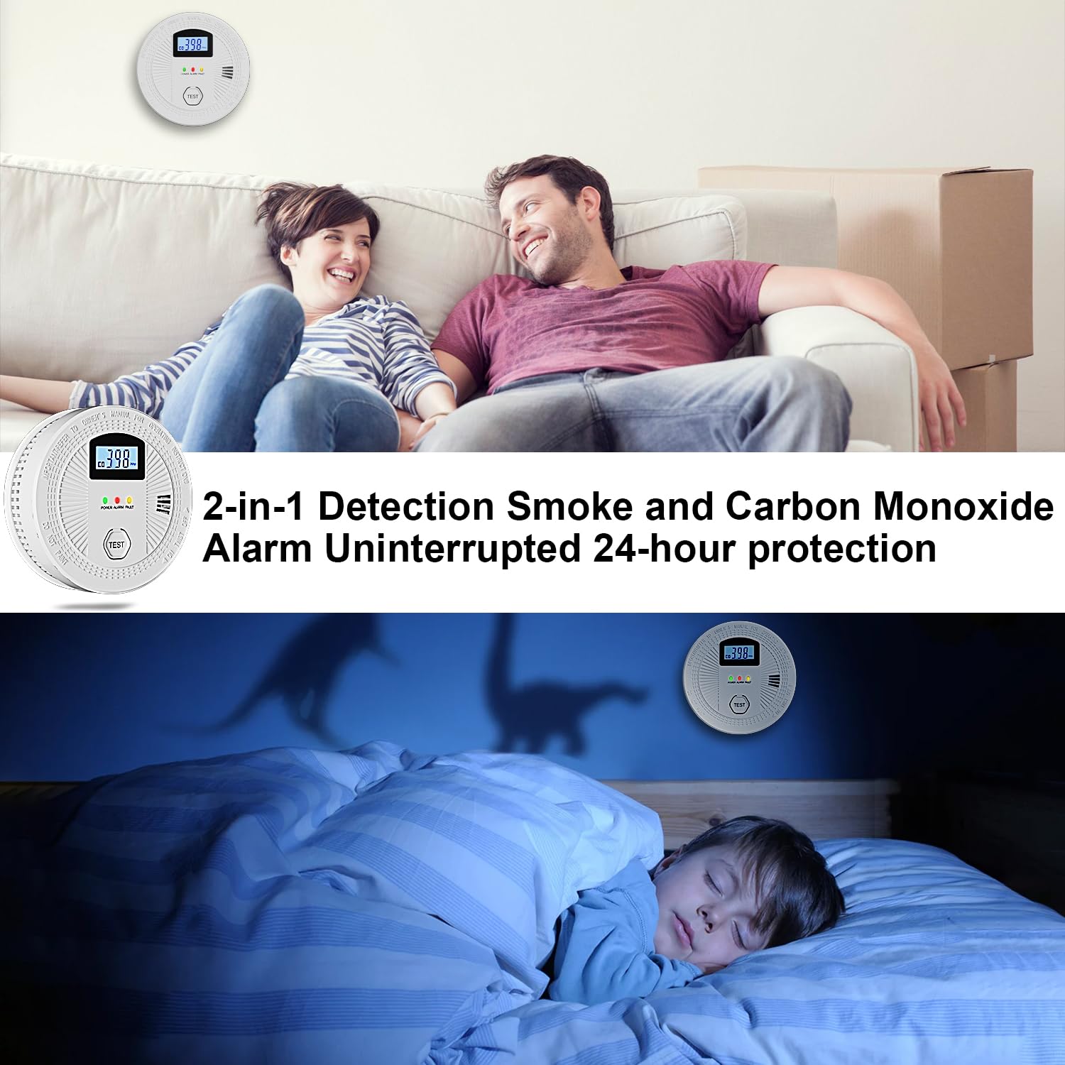 3 Pack Combination Photoelectric Smoke and Carbon Monoxide Alarm Detector with Digital Display; Battery-Operated White 907-3-Pack (JN-908)