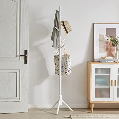 YMYNY Wooden Coat Rack Stand, Free Standing Hall Tree with 8 Hooks Super Easy Assembly, Adjustable Sizes Entryway Coat Rack for Hat, Clothes, Purse, Scarves, Handbags, White, HD-UHRF-1194