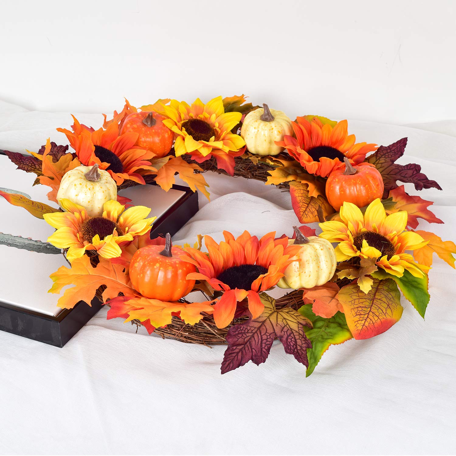 20Inch Artificial Sunflower Pumpkin and Maple Leaf Wreath for Halloween and Thanksgiving Home Indoor or Outdoor Arrangement Decoration