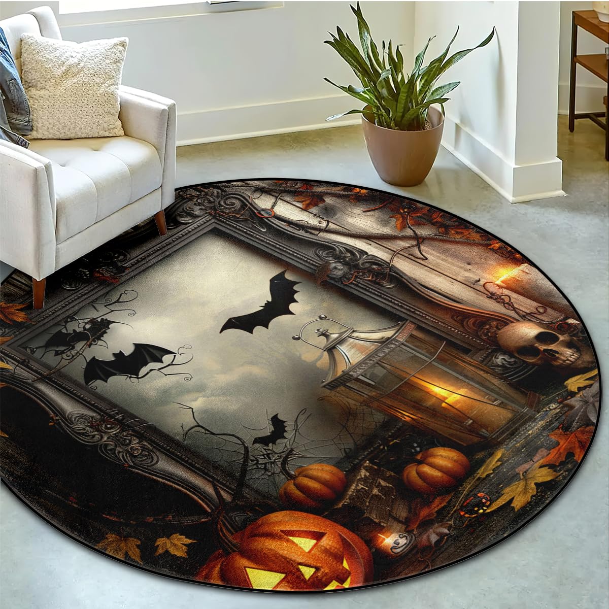 3D Pumpkin 4×4 Circle Area Rugs Halloween Round Rugs Lantern Maple Leaf 4Ft Ultra Soft Carpet,Horror Festival Themed Circular Rugs for Living Room Bathroom