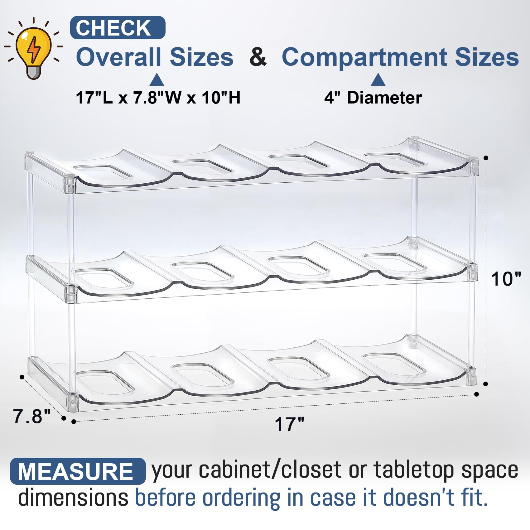 3 Tier Stackable Water Bottle Organizer Holder for Cabinet - for Stanley 40 oz & Others' Large Cup, Tumbler Organization - Clear Wine Rack, Home Kitchen Countertop Fridge Pantry Shelf Storage, Hold 12