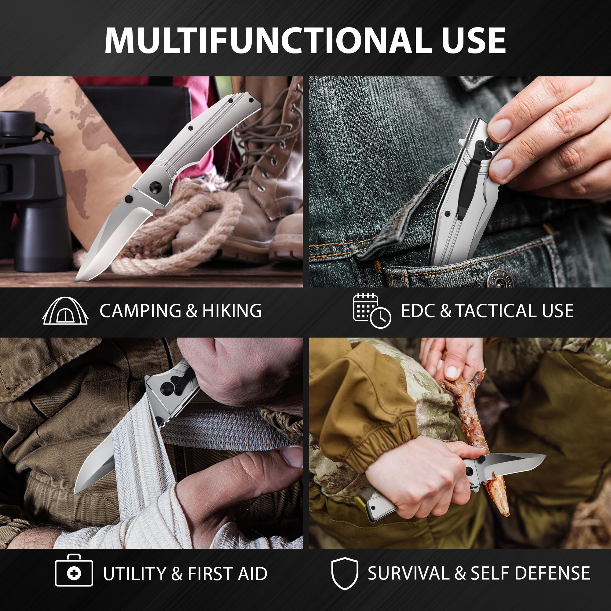 3.5" Blade Pocket Knife - Sharp Folding Knives for Men Women - Tactical Survival Camping Hunting Knofe - Gray EDC Knife with Pocket Clip - Gift for Men - Stocking Stuffers 140106