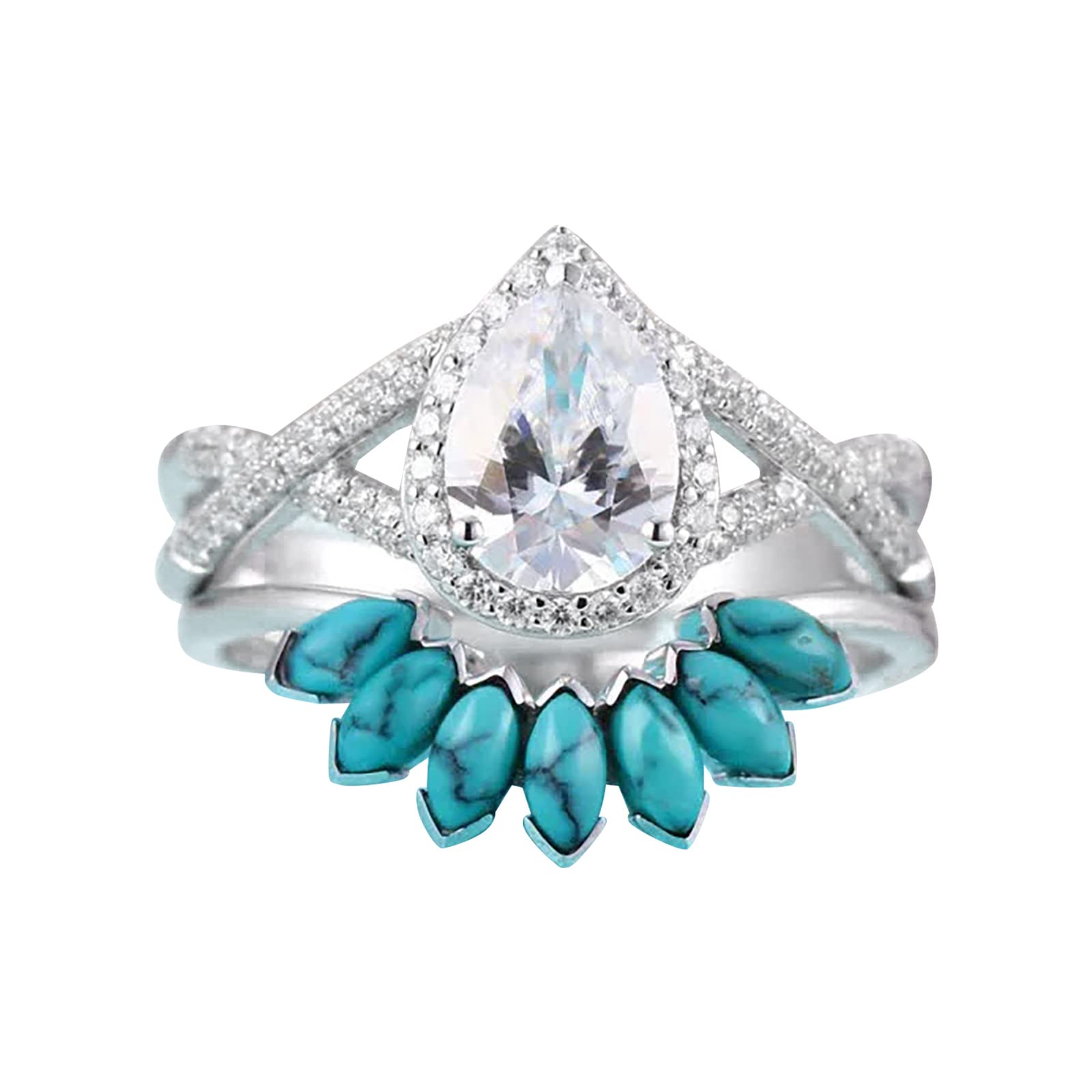 2PC Women Shining White Crystal Water Drop Shape Ring,Turquoise Ring Promise Rings Engagement Wedding Band Ring Sets