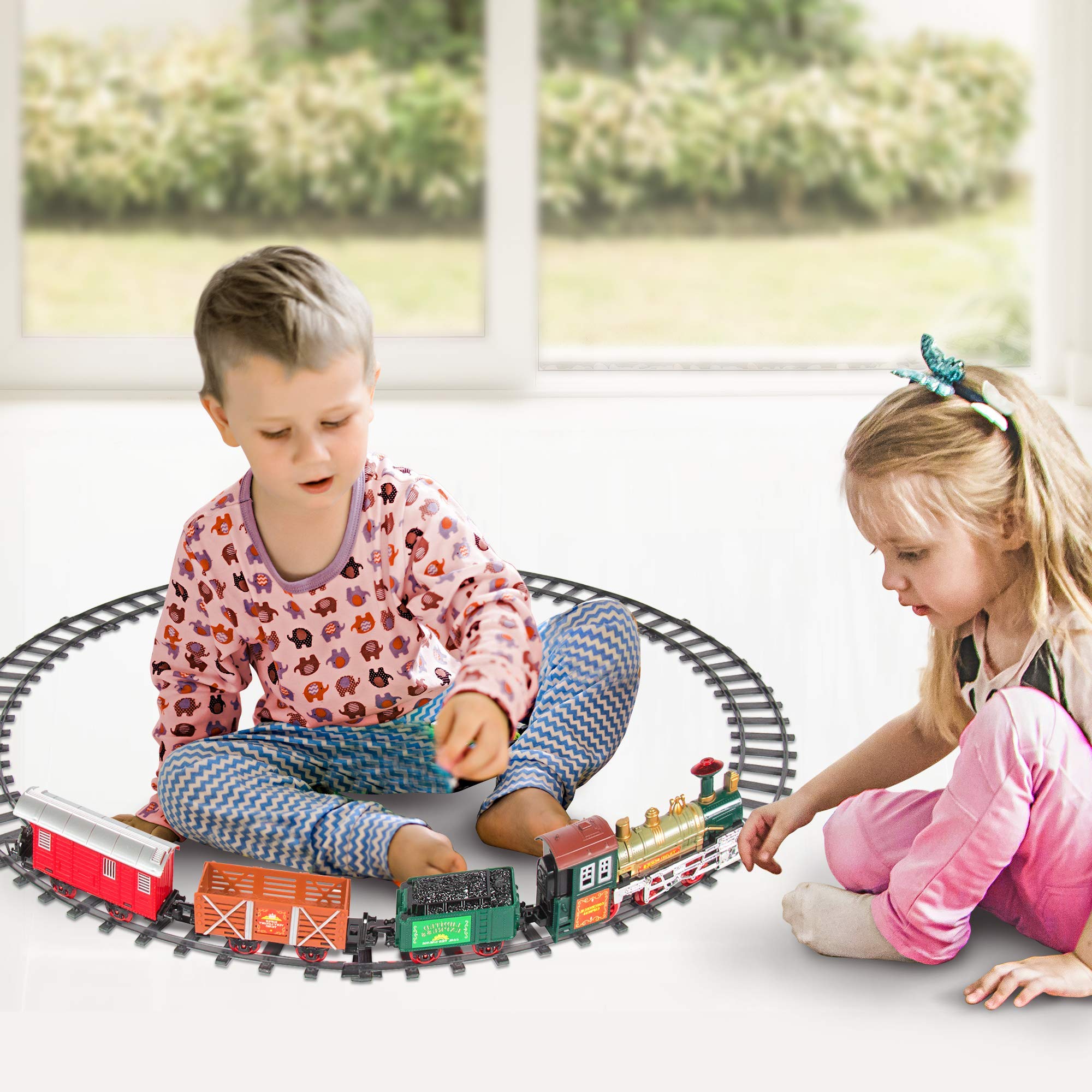 ArtCreativity Kids Train Set - Electric Train Set with Lights & Sound, Battery-Operated Train Toy with 4 Cars and Tracks - Christmas Train Sets for Around The Tree, Great Gift Idea for Boys and Girls