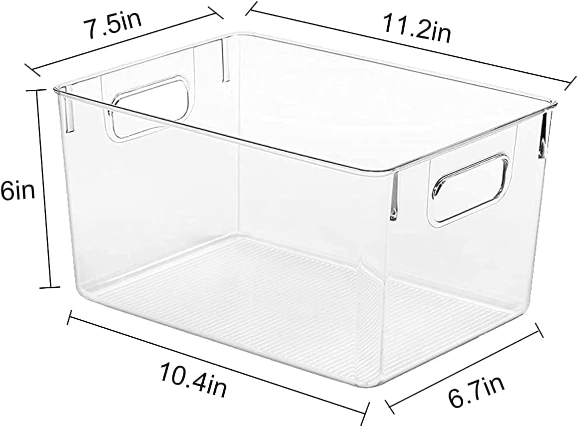 4 Pack Clear Storage Bins,11.25"x 7.5"x 6", Refrigerator Freezer Food Organizer Bins, Bathroom Cabinet Organization, Under Sink Shelf Organizer, Fridge Organizer, Acrylic Office Organizing Bins