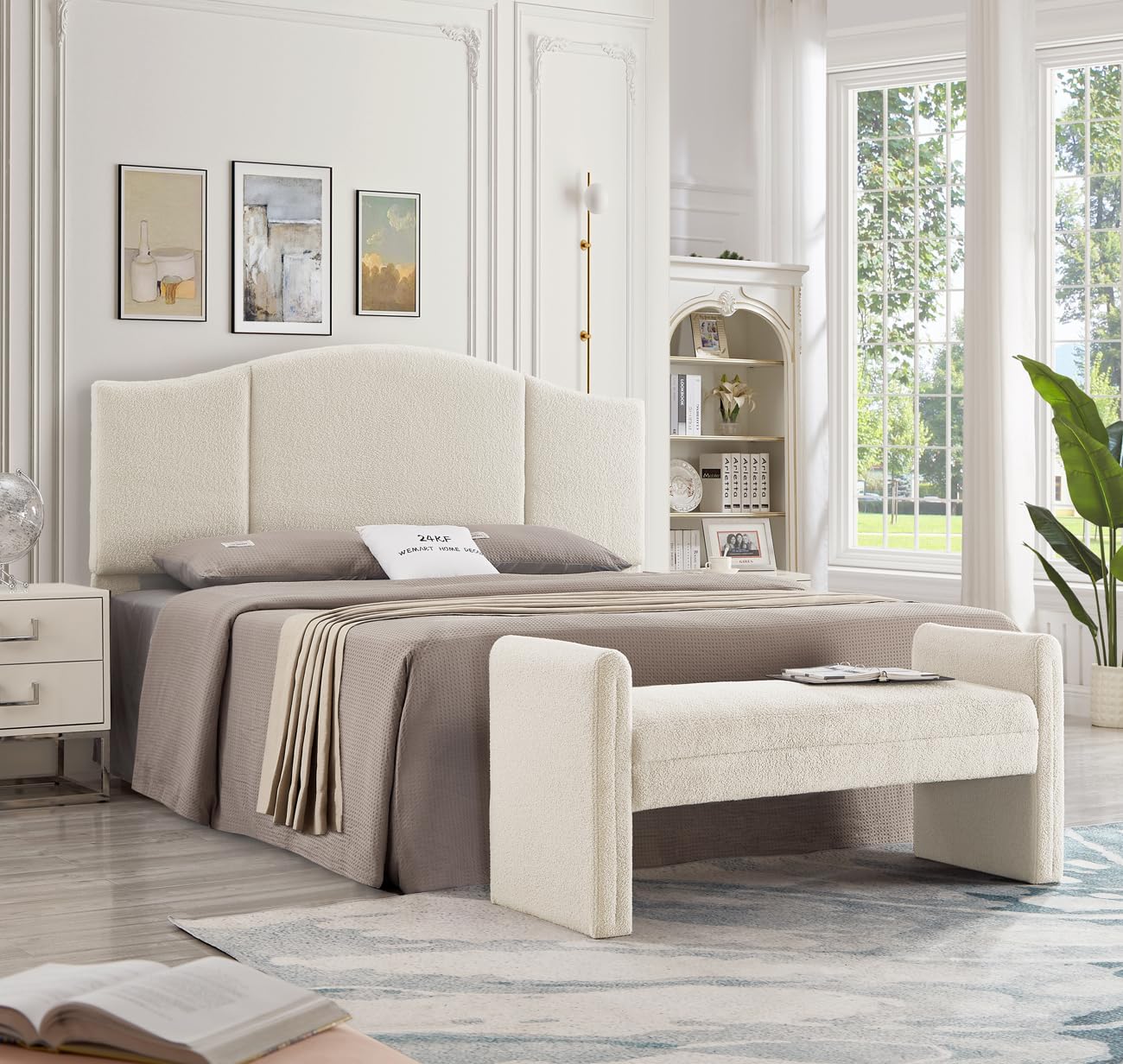 24KF Modern Boucle Teddy Lovely Bench, Upholstered Bed Bench Entryway Bench Ottoman with Armrest -Dark Gray