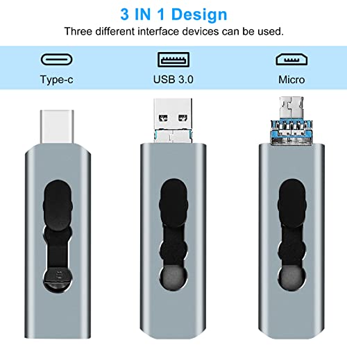 3-in-1 128GB Flash Drive, USB 3.0 Flash Drive for Android Phones/Tablets/PC/Mac, OTG External Data Storage Thumb with 3 Ports (USB C, microUSB, USB-A) for Samsung Galaxy and More