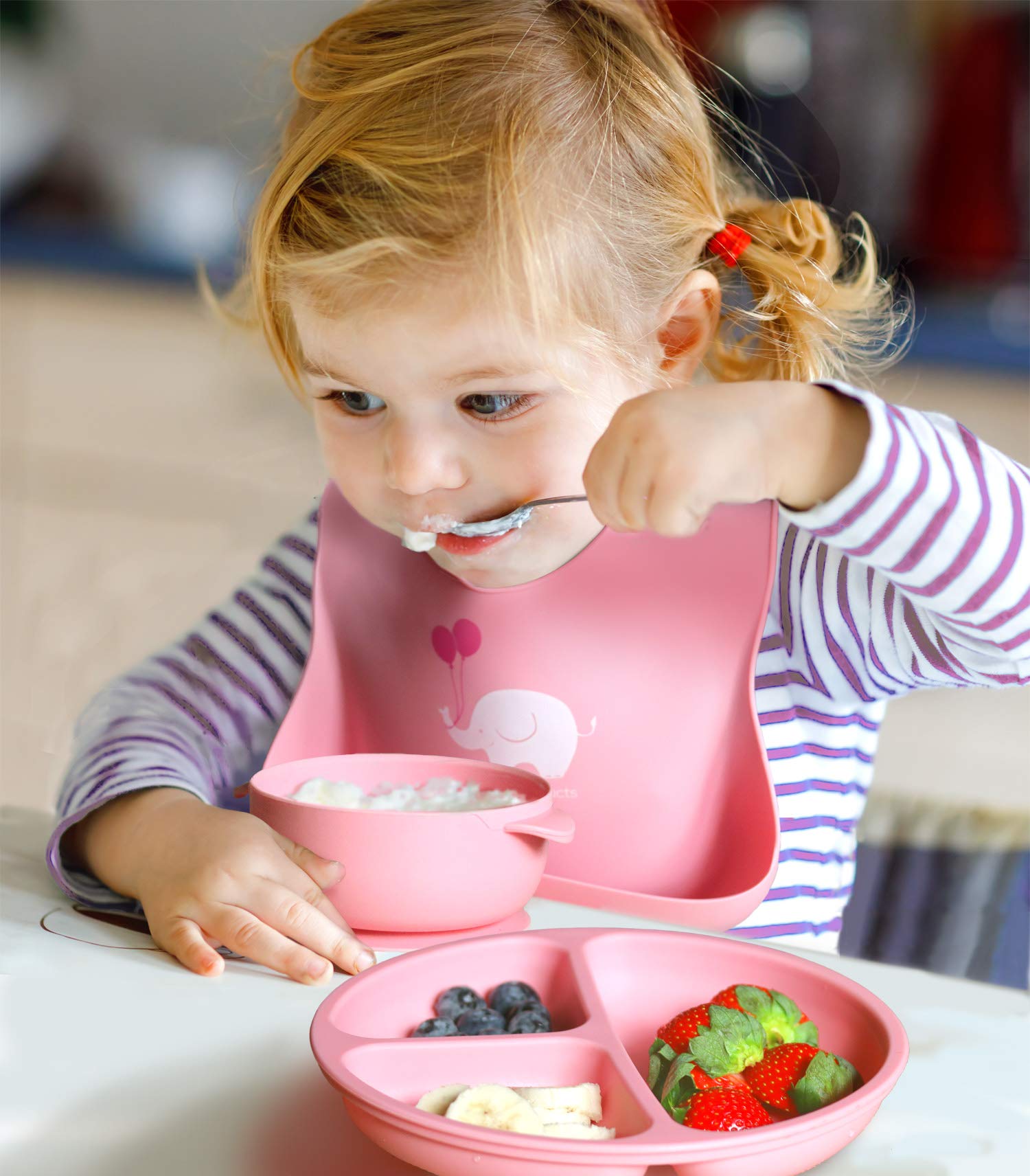 YMCF Products Baby or Toddler Feeding Set | Silicone Bib, Divided Plates, Suction Bowls & Spoons, Dishwasher-Safe, Easy-Wipe Cleaning (Pink)