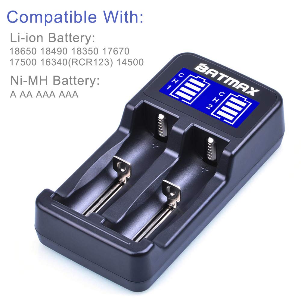 Batmax LCD Universal Intelligent USB Dual Battery Charger for Li-ion/Ni-MH/Ni-Cd 18490 18350 17670 17500 16340(RCR123) 14500 A AA AAA AAAA Rechargeable Batteries
