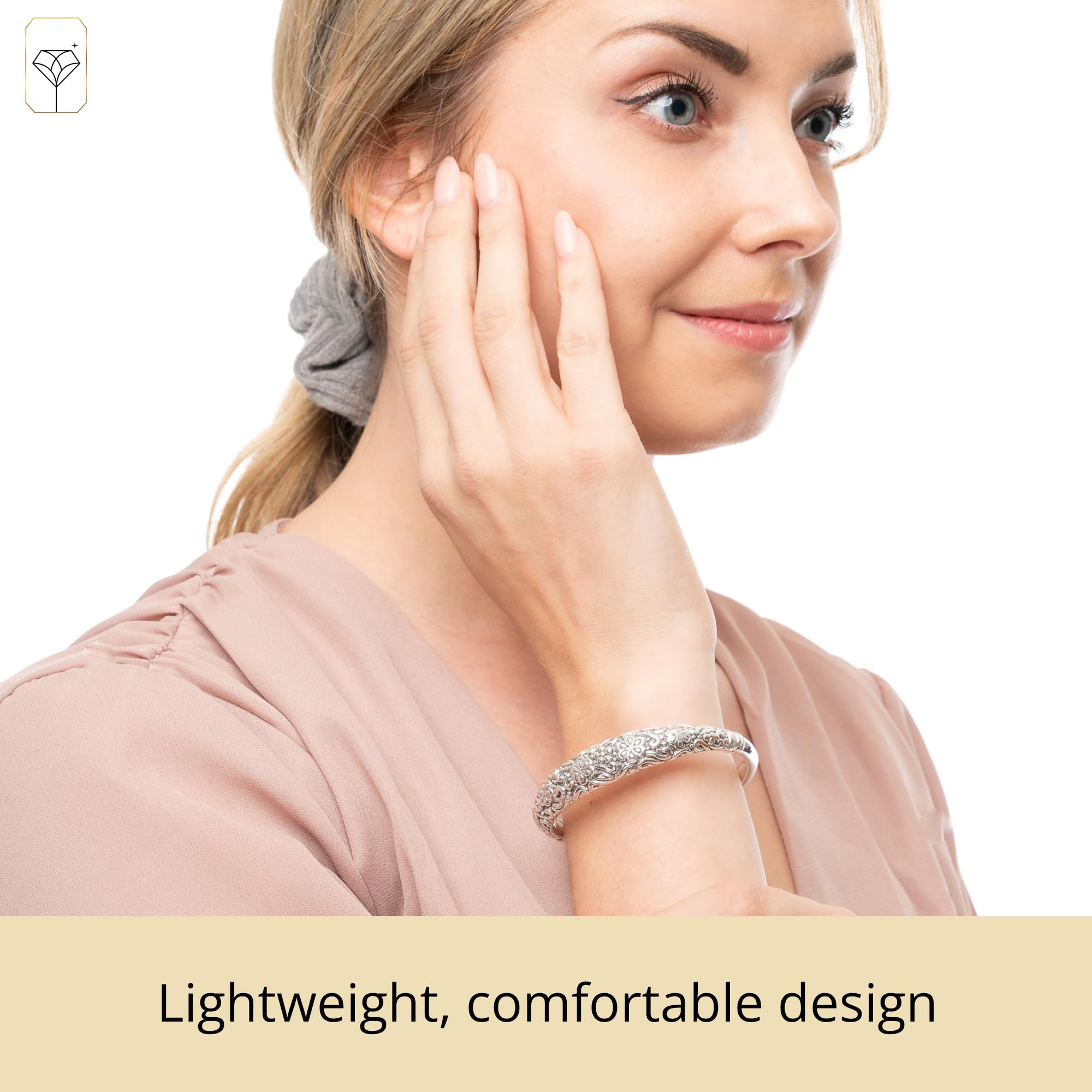 MAX + STONE Lightweight 925 Sterling Silver Bracelet for Women | 7 Inch Floral Bangle with Hinged Clasp | Anti-tarnishing Sterling Silver Bangle Bracelet for Women | Silver Bangles for Women