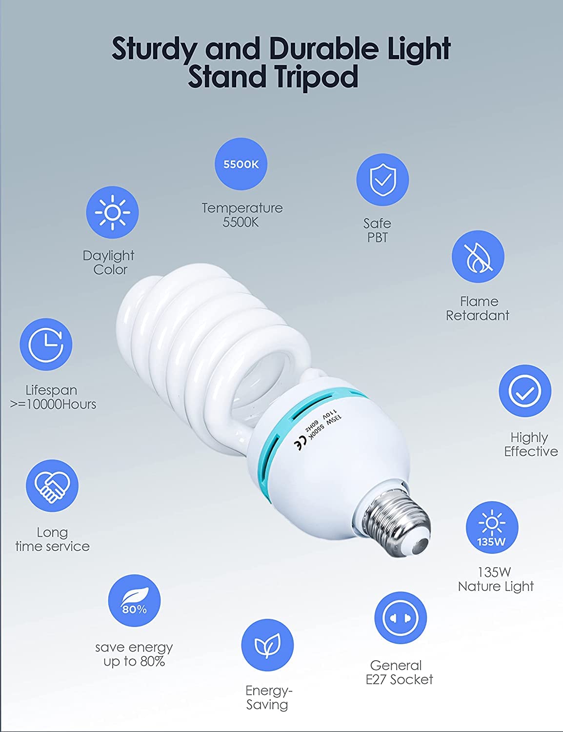 2pcs 135W Light Bulb 5500K CFL Daylight Spiral Softbox Lighting Kit Bulb in E27 Socket for Photography Photo