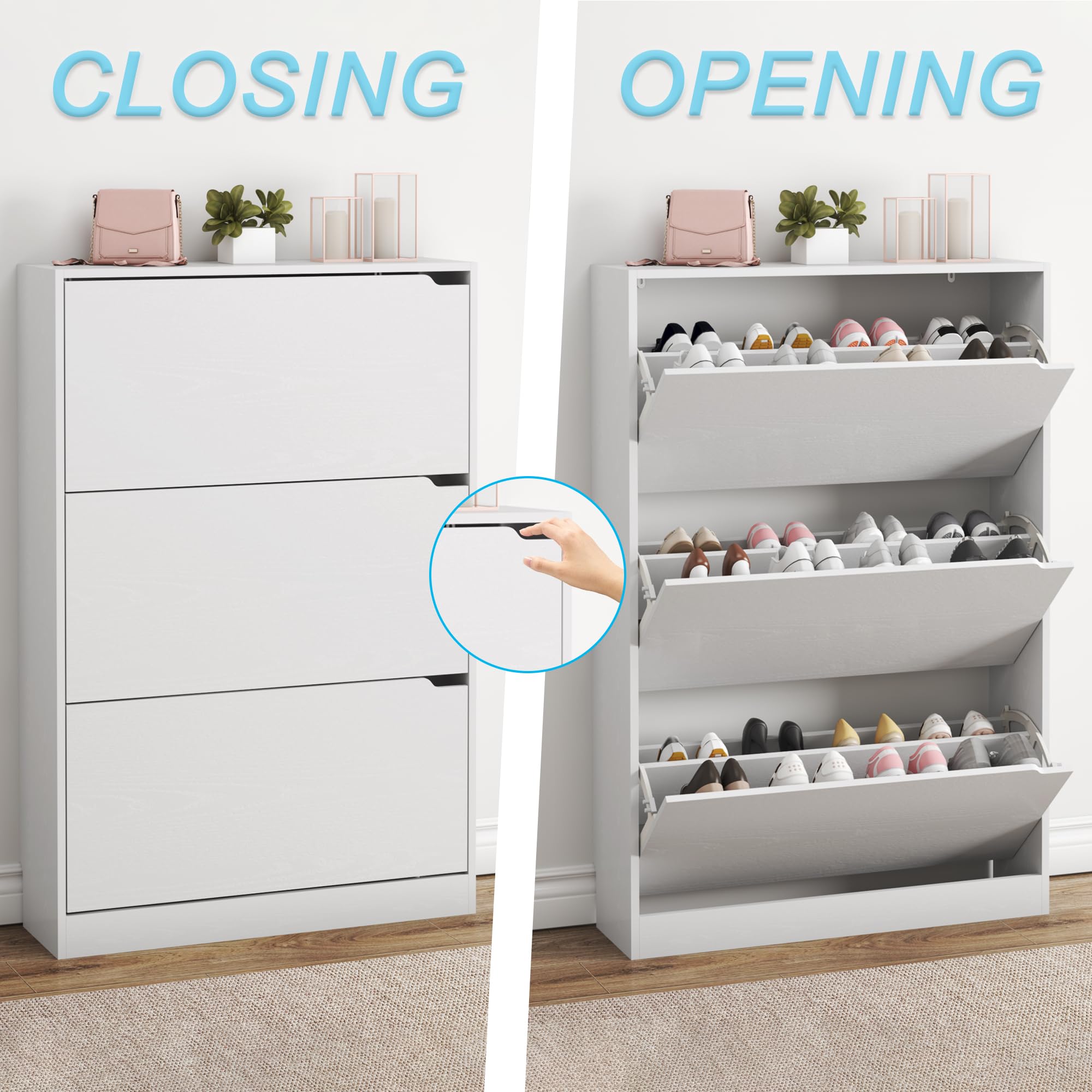 BORNOON Shoe Cabinet with 3 Flip Drawers, Hidden Wood Shoe Cabinet,Freestanding Shoe Storage Cabinet for Entryway Hallway.White. 47.2" H*31.5" W*9.25" D.