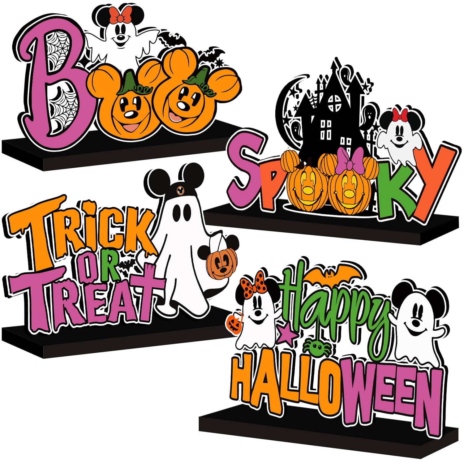 4Pcs Mouse Halloween Decorations Wooden Table Centerpieces, Happy Halloween Table Decorations Halloween Mouse Theme Tiered Tray Decor for Halloween Party Decorations