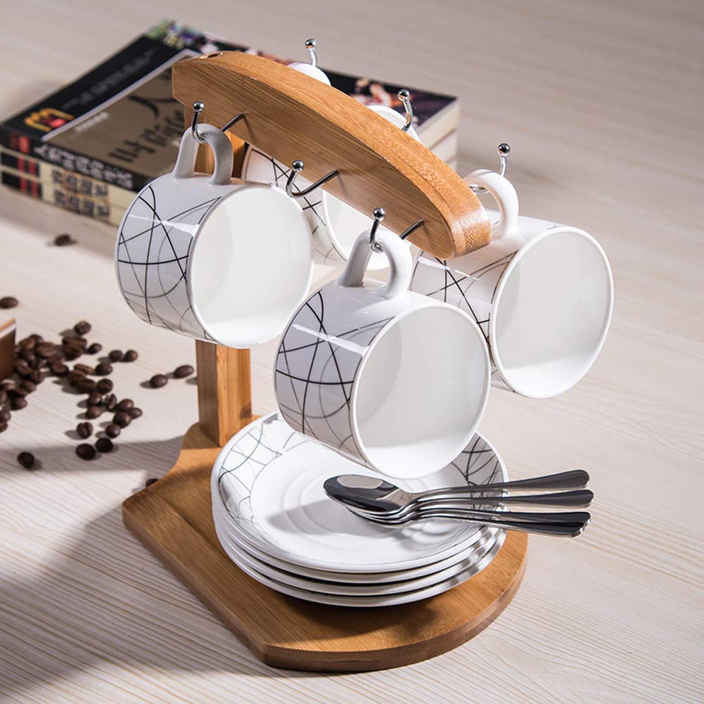 6 Holder Kitchen Mug Holder Stand Mug Tree Teacup Storage Rack Coffee Bar Kitchen Countertop Organizer Bamboo (Stainless Steel Hook)
