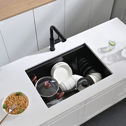 27 Black Undermount Workstation Kitchen Sink, Dorzom 27βx19β Metallic Matte Black Stainless Steel 18 Gauge 10 Inch Deep Undermount Workstation Single Bowl Kitchen Sink with Accessories