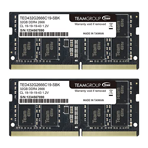 TEAMGROUP Elite DDR4 64GB Kit (2 x 32GB) 2666MHz PC4-21300 CL19 Unbuffered Non-ECC 1.2V SODIMM 260-Pin Laptop Notebook PC Computer Memory Module Ram Upgrade - TED464G2666C19DC-S01