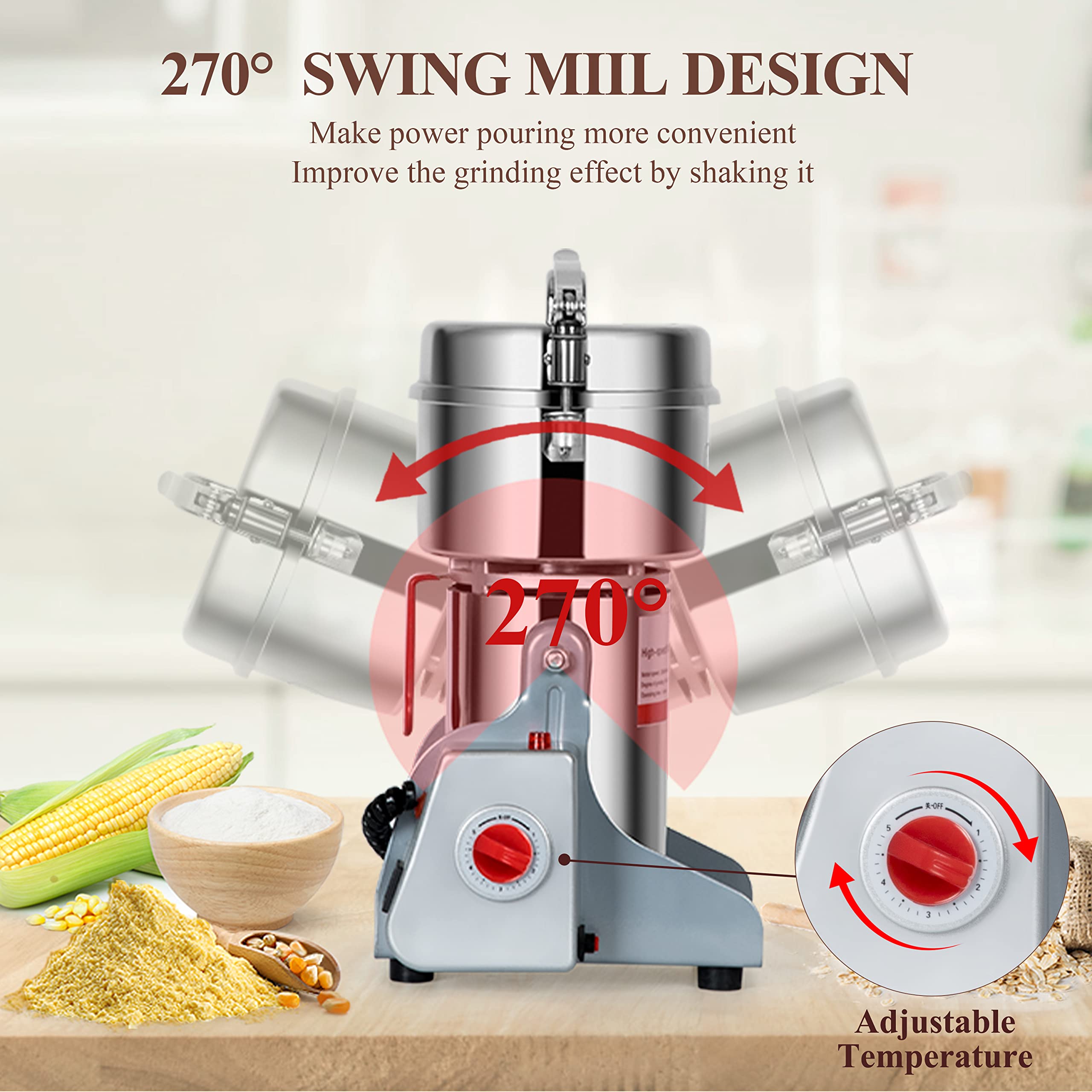 750g Electric Grain Dry Grinder Commercial Swing Type Dry Mill Machine, Stainless Steel 2600W High Speed Pulverizer for Coffee Spice Grindā¦