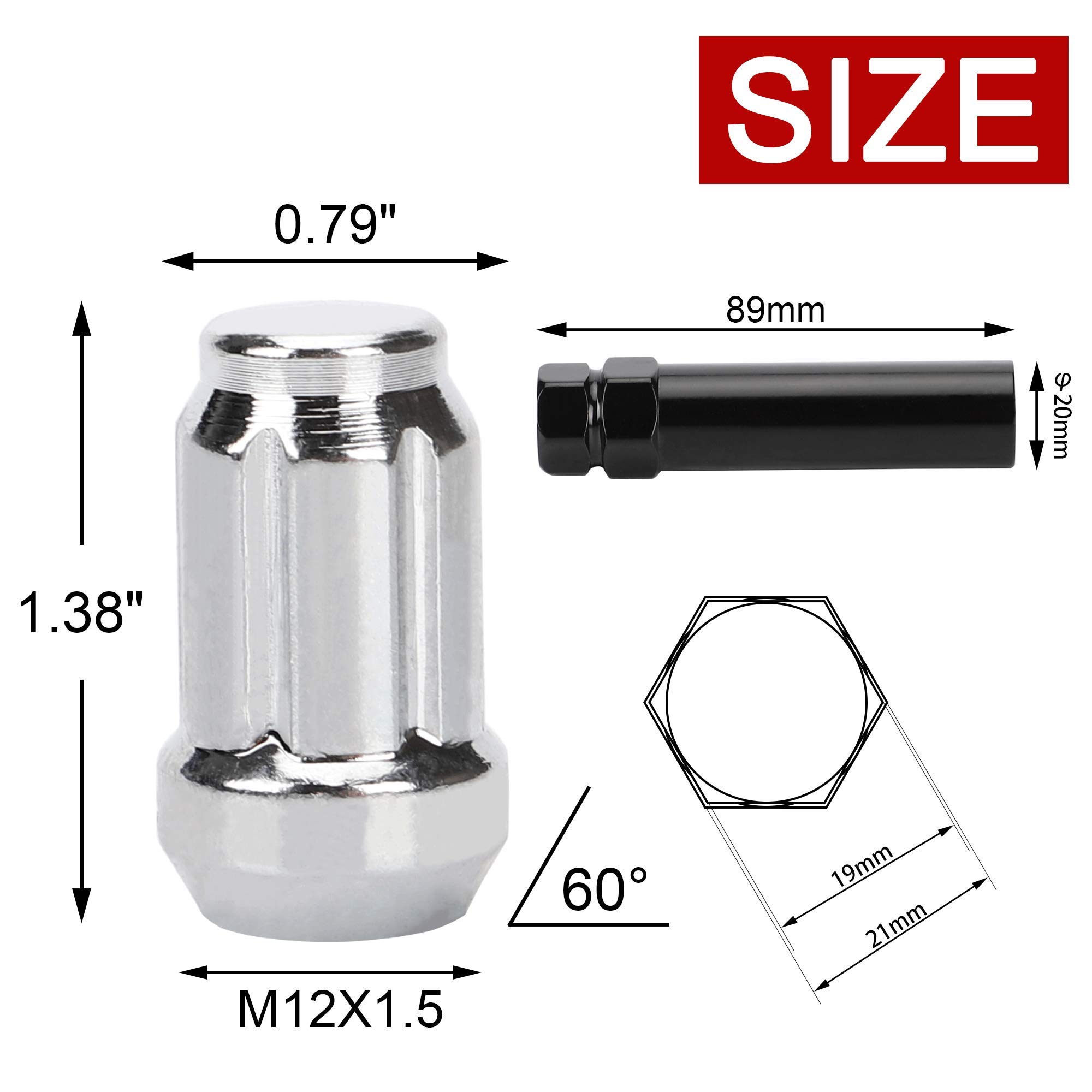 20PCS M12x1.5 Lug Nuts Chrome, 12mmx1.5 Spline Lug Nuts with 1 Socket Key for Accord Civic CR-V Compass Impala Escape Focus Lug Nuts Aftermarket Wheels