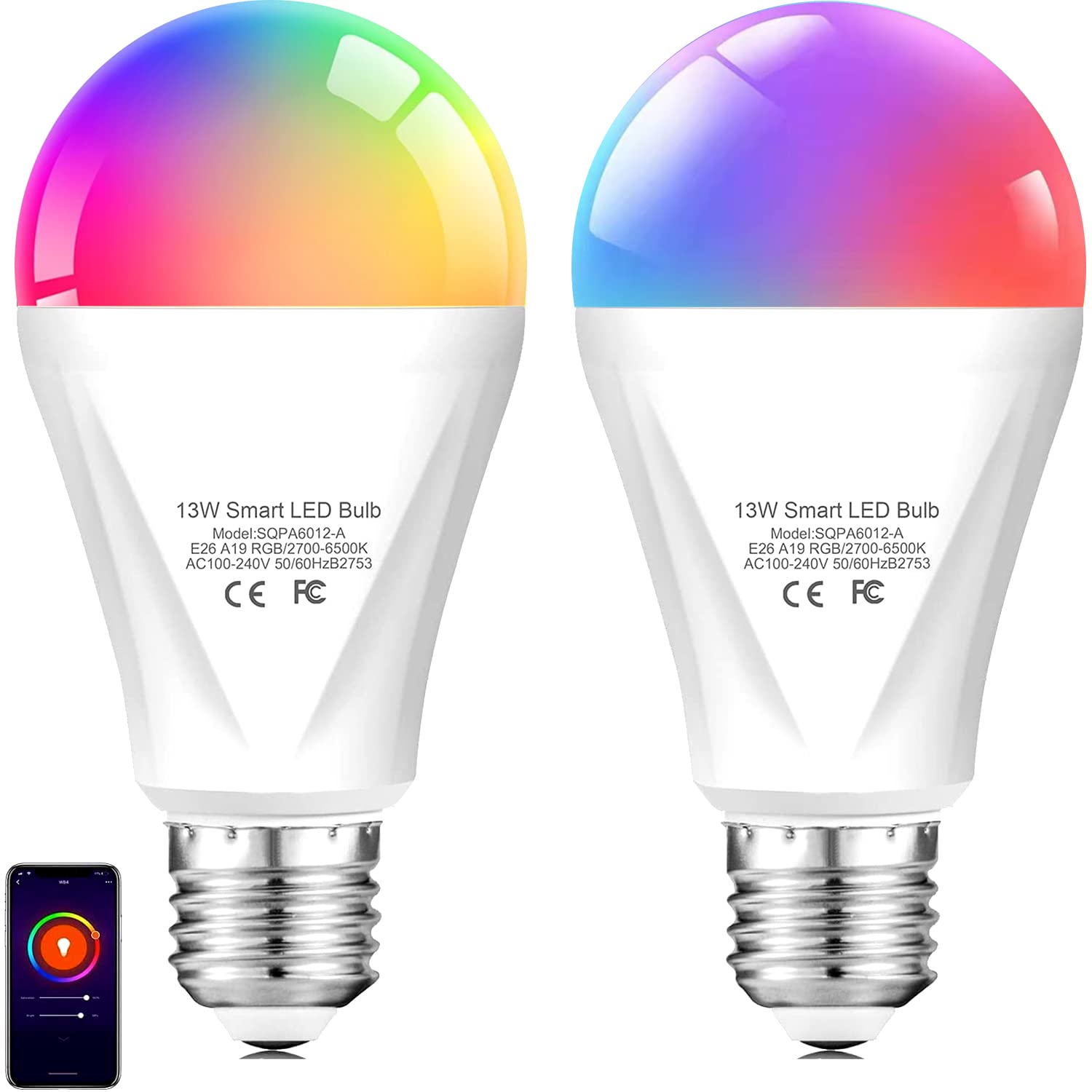 2Pack 13W Smart Light Bulb(120W Equivalent)Wixann A19 E26 1300Lumens LED Color Changing Light Bulbs, adjustable 16 Million DIY Colors and Music Sync 2700K-6500K WiFi Bulbs Work with Alexa, Google Home
