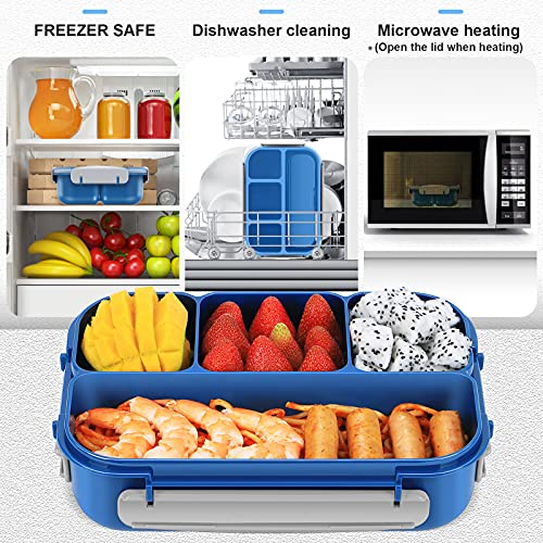 Amathley Adult Lunch Containers for Adults/Kids/Toddler,1300ML-4 Compartment Bento Box,Microwave & Dishwasher & Freezer Safe,BPA Fre (Blue)