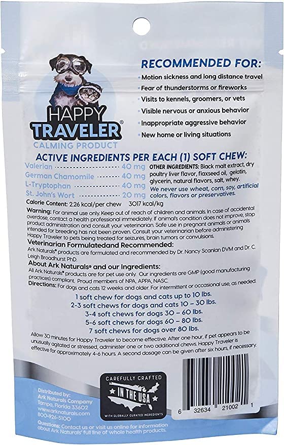 Ark Naturals Happy Traveler Soft Chews, Natural Calming Treats for Dogs and Cats, Reduces Anxious and Nervous Behavior, 75 Count