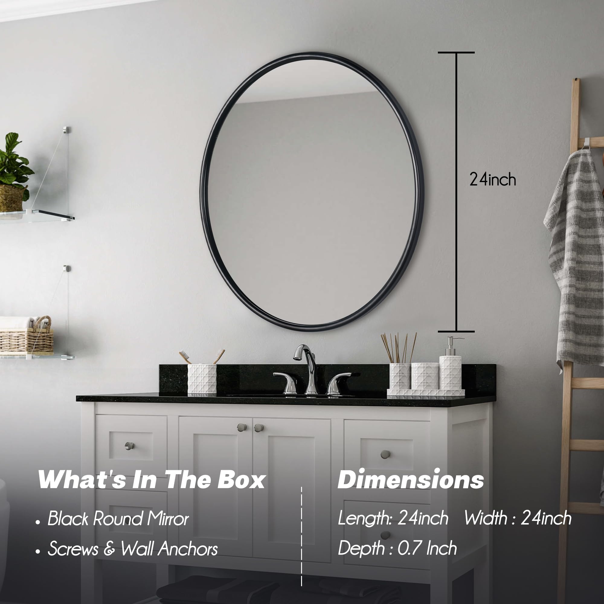 Round Mirror, Black Round Mirror 24 Inch, Round Wall Mirror, Round Bathroom Mirror, Circle Mirrors for Wall, Metal Framed Mirror for Bathroom, Vanity, Bedroom, Entryway, Hallway