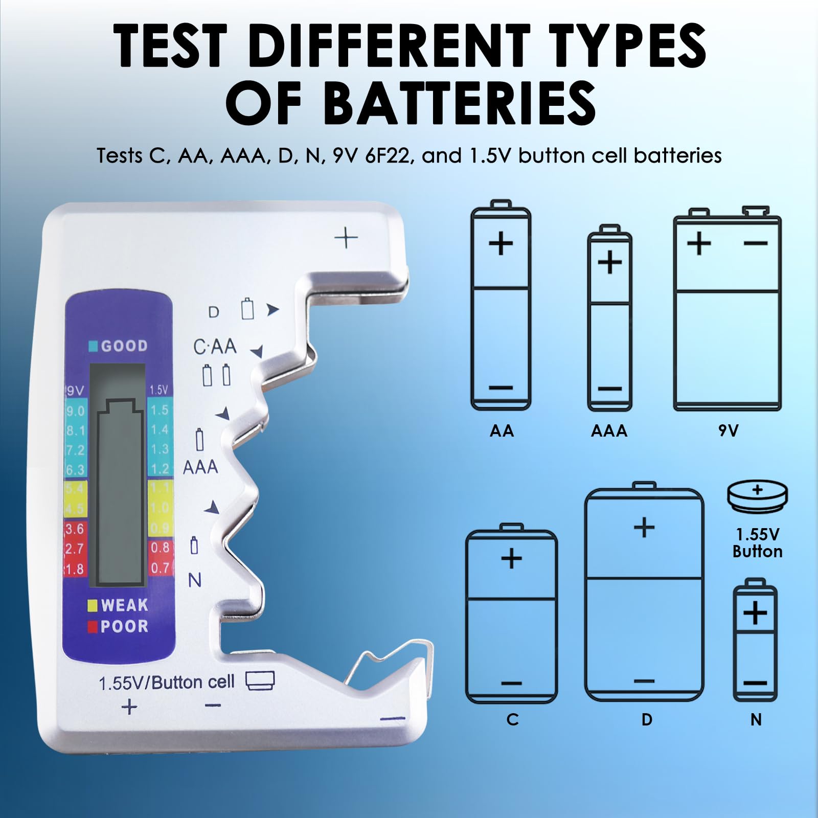 Battery Tester Universal Battery Checker with LCD Display Digital Multi Purpose Small Battery Checker for All Battery C AA AAA D N 9V 6F22 1.5V Button Cell Batteries