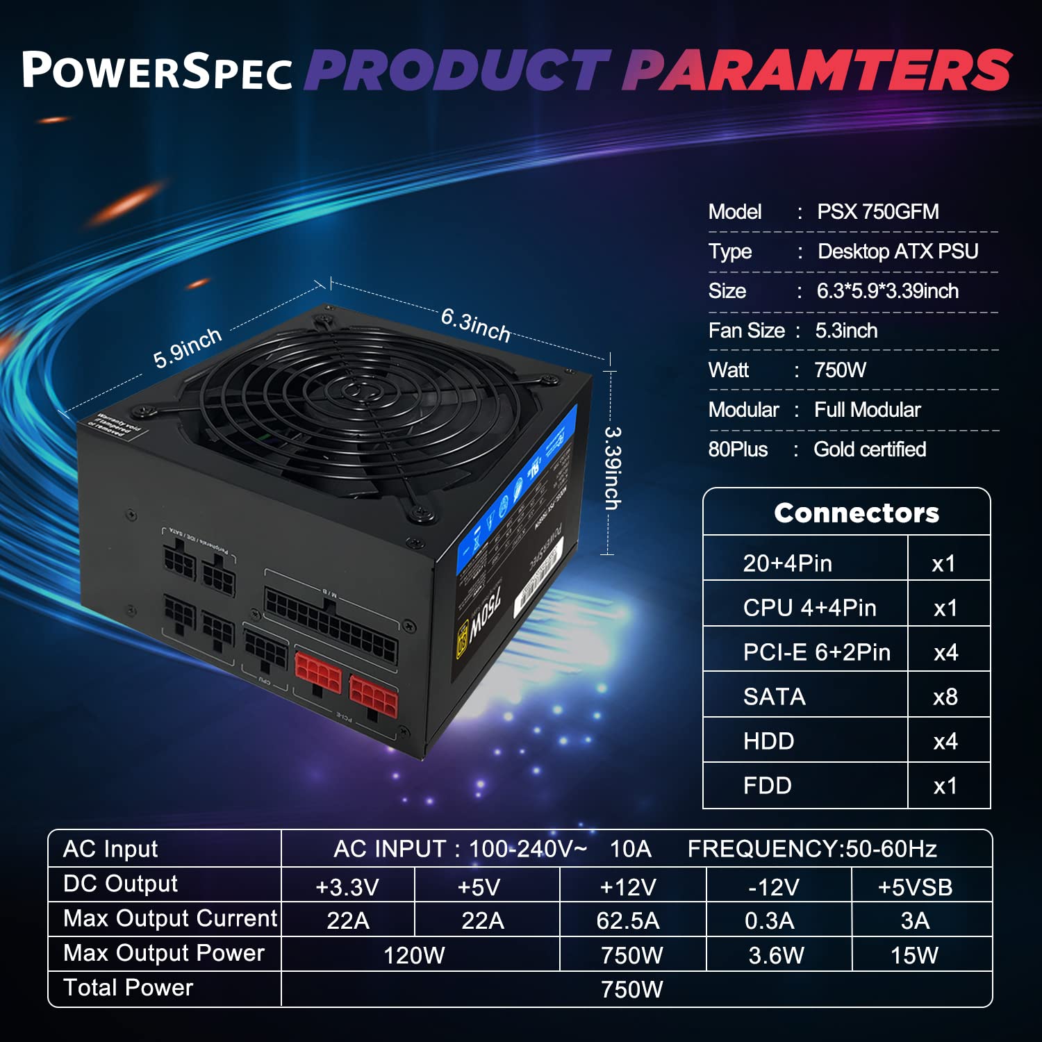 PowerSpec 750 Watt 80 Plus Gold Fully Modular ATX Power Supply Active PFC SLI Crossfire Ready Gaming PC PSU Computer Power Supplies, PS 750GFM
