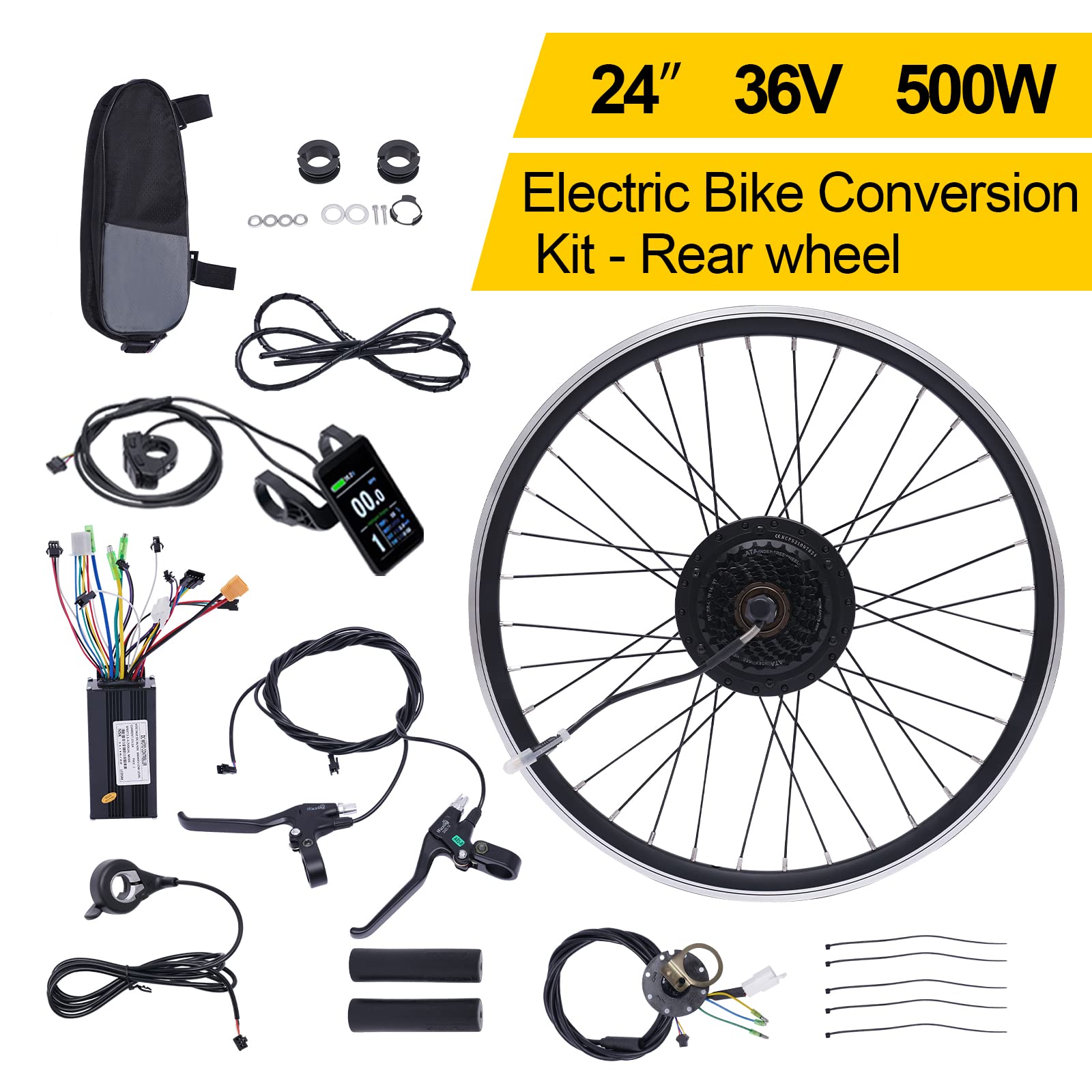 36V 500W E Bike Conversion Kit, Electric Bicycle Motor Kit for 24in Rear Wheel, Electric Motor Kit for Bicycle with Dual Mode Controller 5-Gear Speed Adjustment