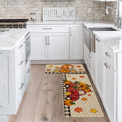Artoid Mode Polka Dot Gnome Truck Pumpkin Fall Kitchen Mats Set of 2, Maple Leaf Home Decor Low-Profile Kitchen Rugs for Floor - 17x29 and 17x47 Inch