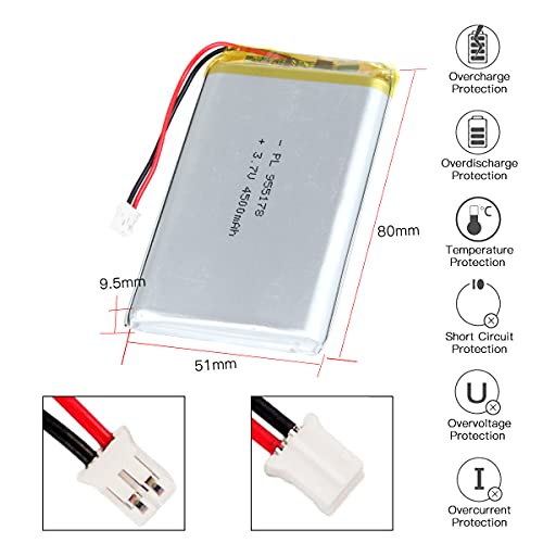 YTKavq 3.7v 4500mah 955178 Lithium Polymer Ion Battery Rechargeable Lipo Battery with PH 2.0mm Pitch Connector