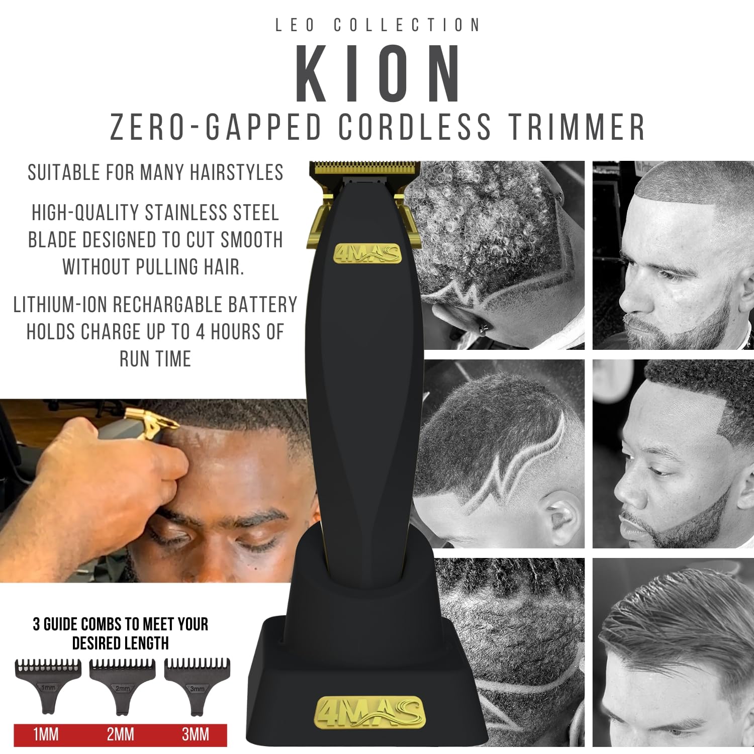 4MAS Kion Trimmer - Professional Hair & Beard, Zero-Gapped, Cordless Lithium-Ion Trimmer with Charging Base (Black & Gold)