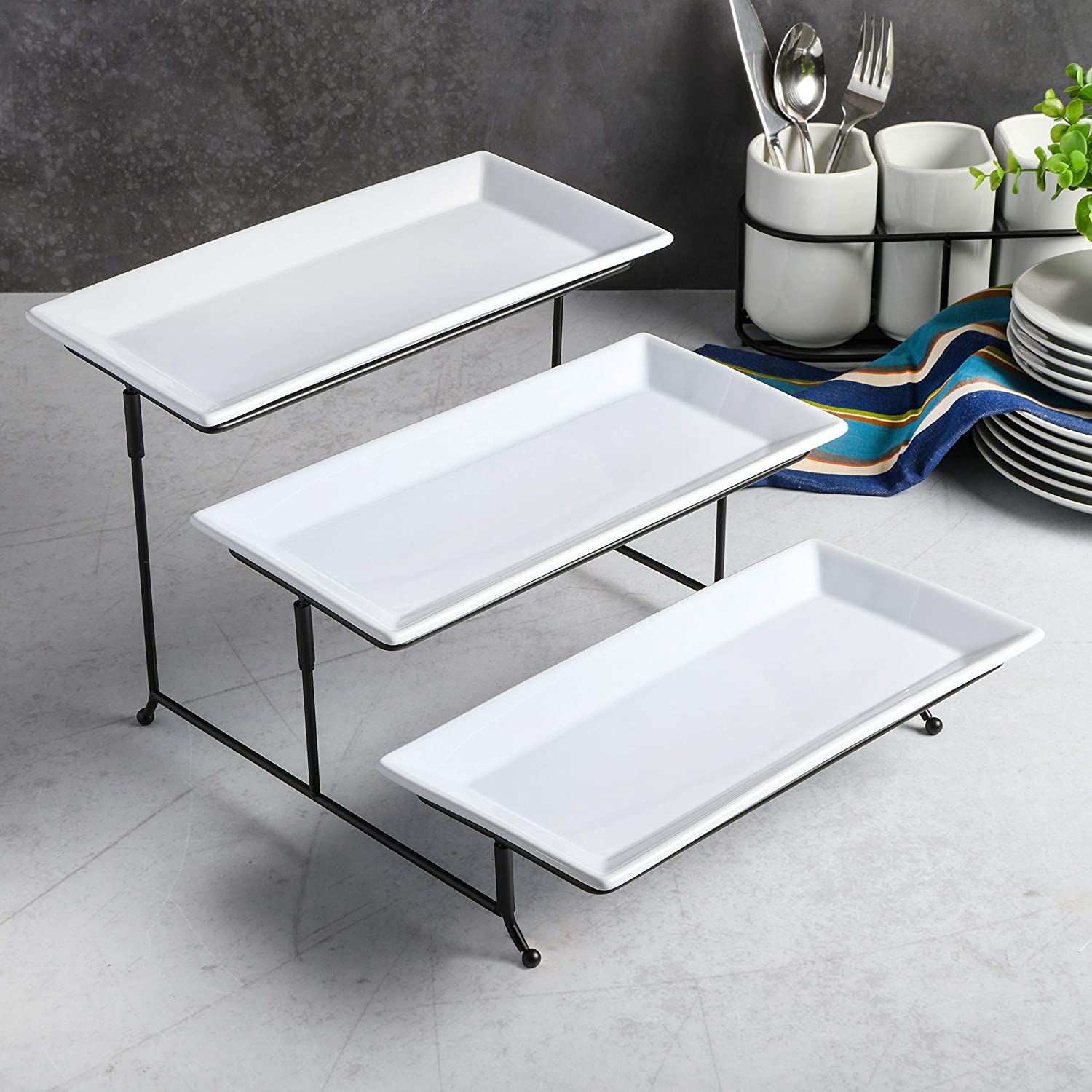 3-Tiered Stoneware Serving Tray Set with Metal Stand