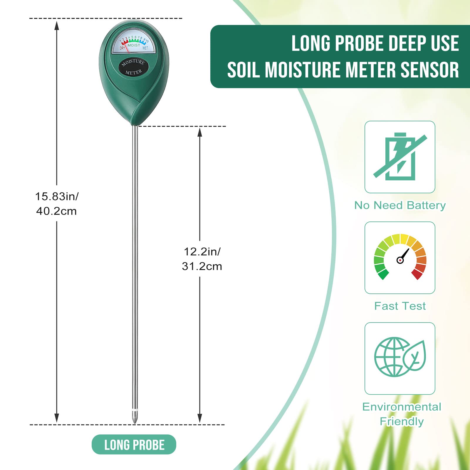 4 Pack Soil Moisture Meter 15.8 Inch Long Probe Deep Use Soil Moisture Meter Sensor Plant Water Meter Soil Tester Test Kit for Garden Yard Lawn Farm Indoor Outdoor Use