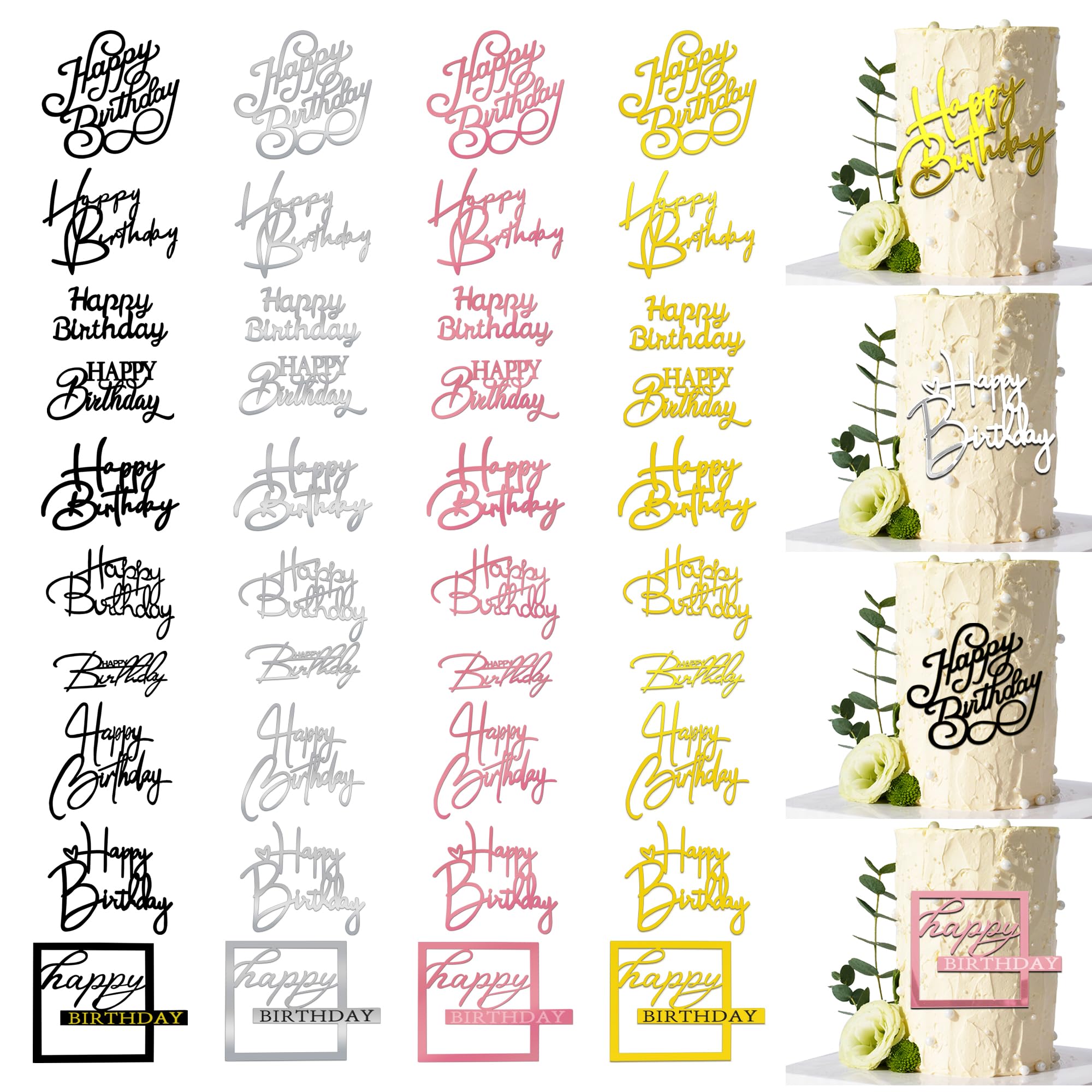 40 PCS Happy Birthday Cake Toppers Mirror Acrylic Cake Topper Side Cake Decorations Cake Inserts Cake Decorating Supplies Cupcake Toppers for Birthday Party Cake Desserts Pastries 10 Styles 4 Colors