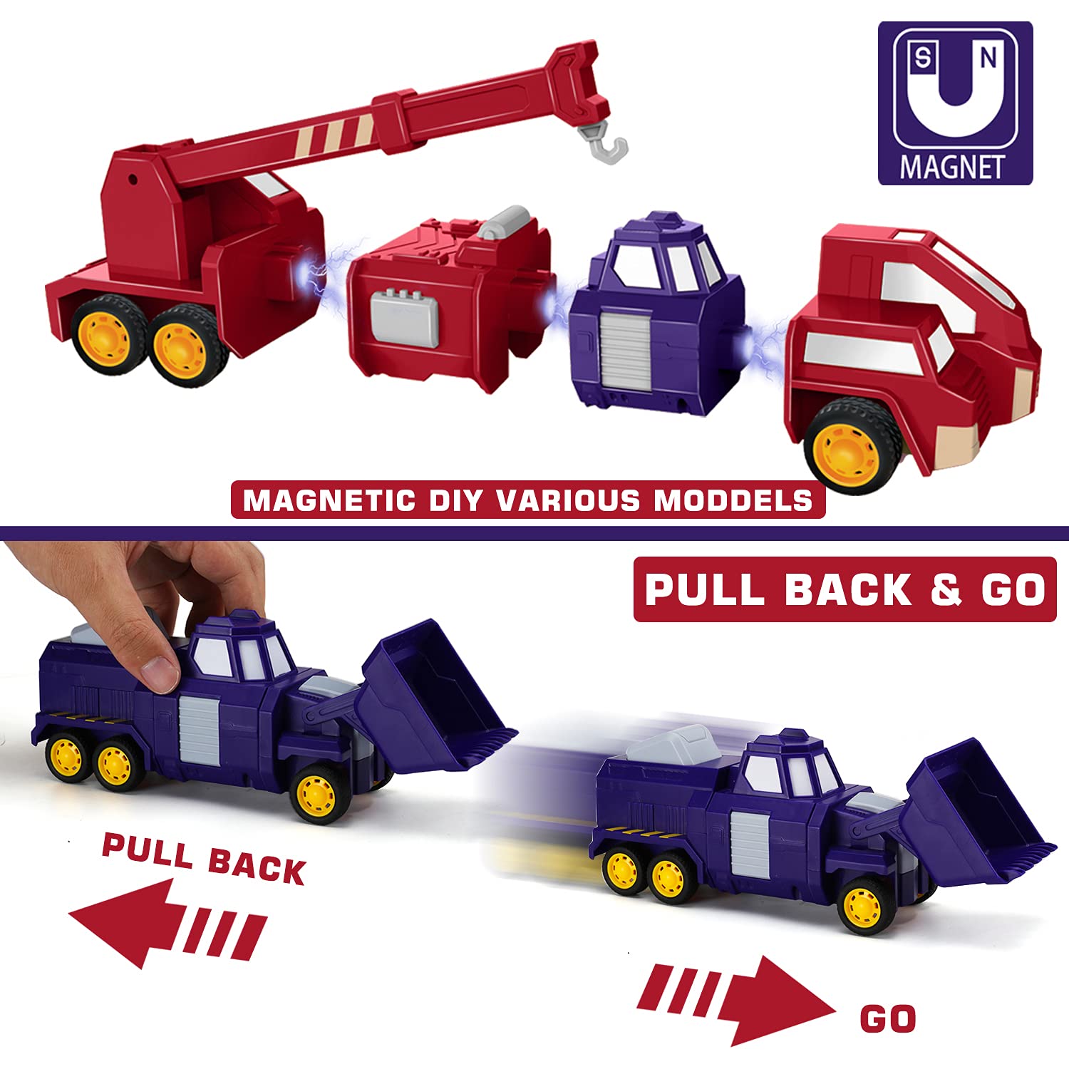 Bakatatoyz 5 in 1 Transform Robot Toy Car, Construction Toy for Boy Toddler Kid, 5 Pull Back Truck Assemble Into Robot Action Figure with Light & Sound, Magnetic Take Apart STEM Toys Birthday Gift