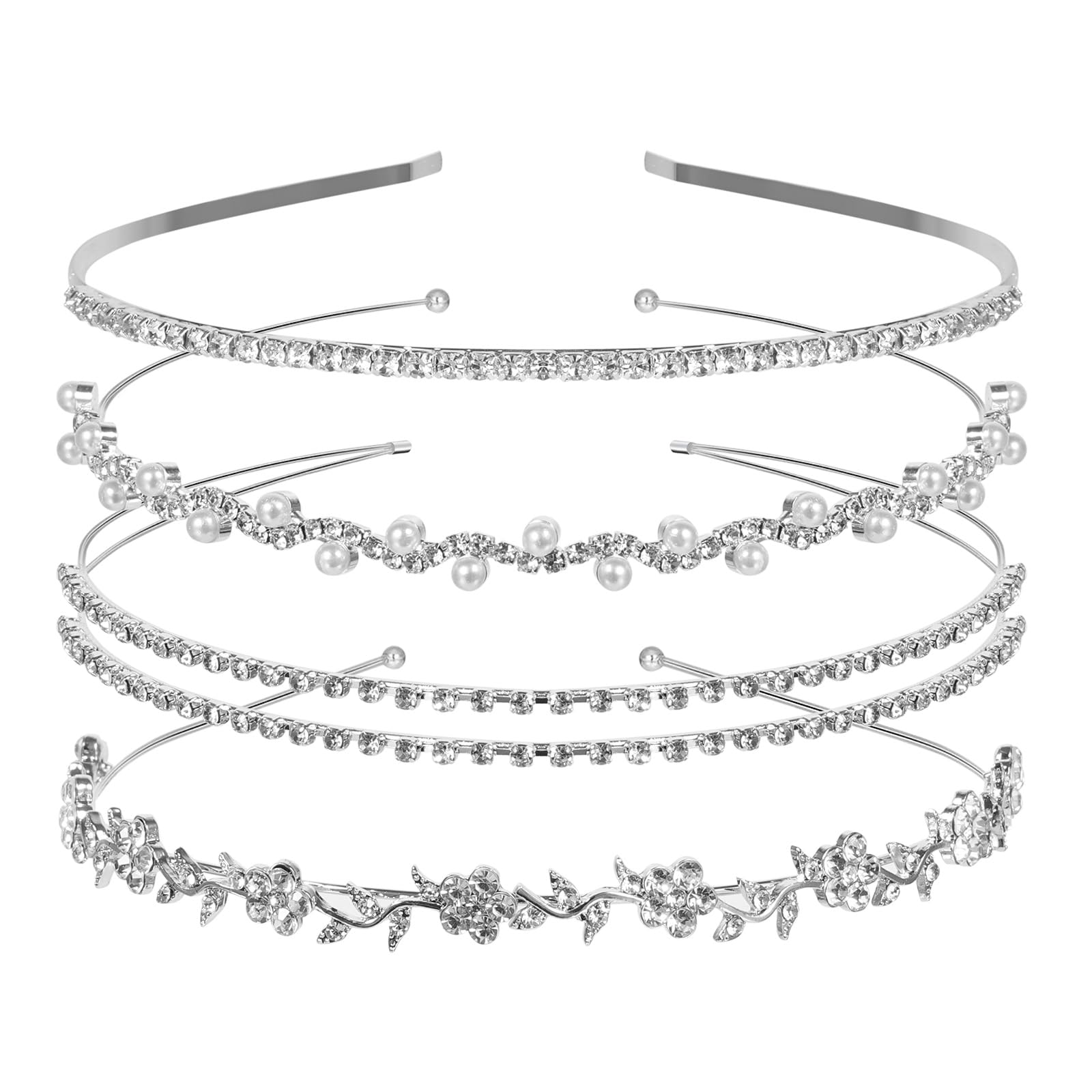 4Pack Bridal Headband Rhinestone Headbands Crystal Flower Girl Leaves Crown Head Band Tiara Wedding Hair Accessories, Silver