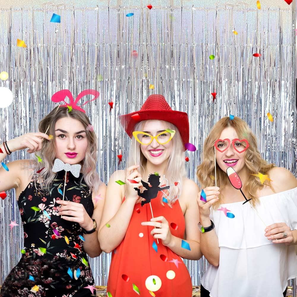 4pcs 3.2x8 ft Silver Foil Fringe Curtain, Silver Streamer Backdrop Glitter, Silver Sparkle Tinsel Fringe Curtain for Silver Party Decorations