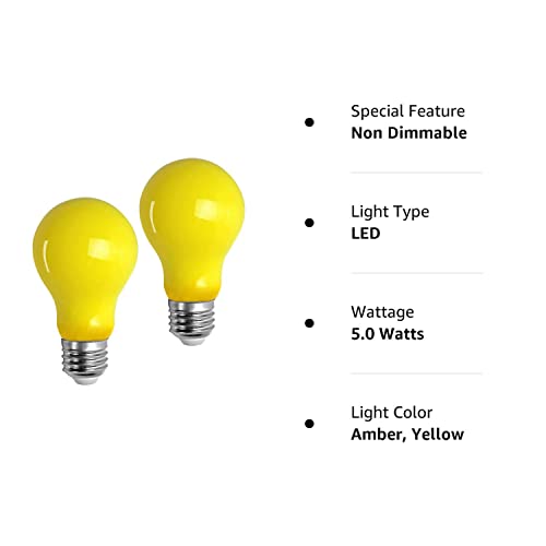 2pack A19 Yellow Light Bulb,LED Light Bulbs Outdoor,Edison Bulb 5W Equivalent to 40W,Amber Bedroom Night Light Bulb, E26 Medium Base, Non-Dimmable for Home Hallway Porch Lights, Decorative Lamps