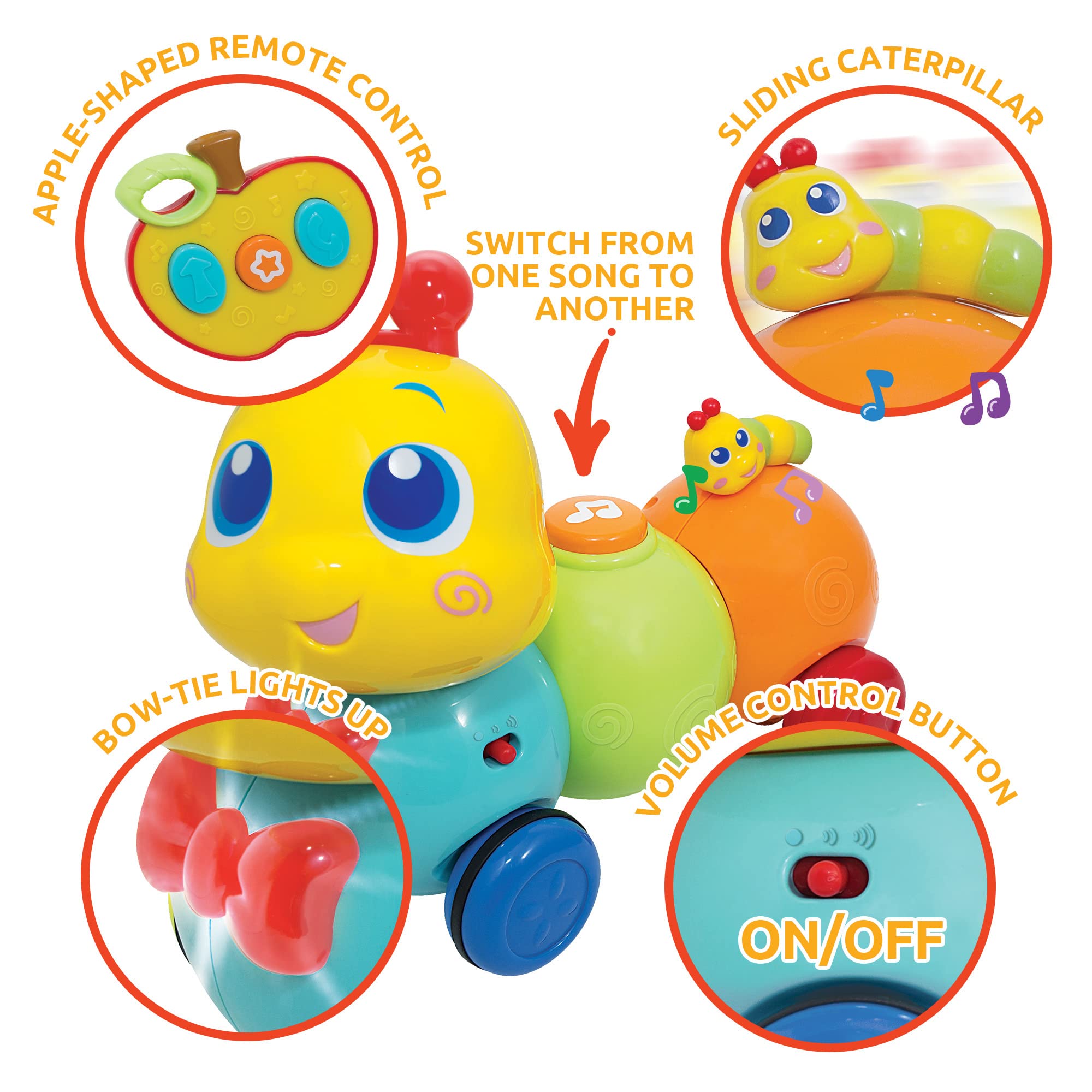 KiddoLab Crawling Caterpillar Baby Toy - Apple-Shaped Remote Control with Easy-Press Buttons- Plays 10 Children's Nursery Rhymes - Musical Toys for Toddlers