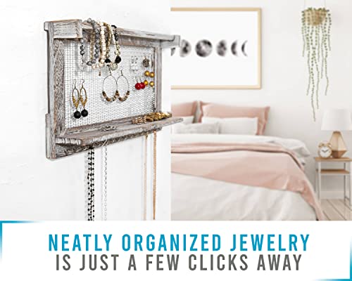 Comfify Rustic Jewelry Organizer β Wall Mounted Jewelry Holder w/Removable Bracelet Rod, Shelf & 16 Hooks β Perfect Earrings, Necklaces & Bracelets Holder β Rustic White