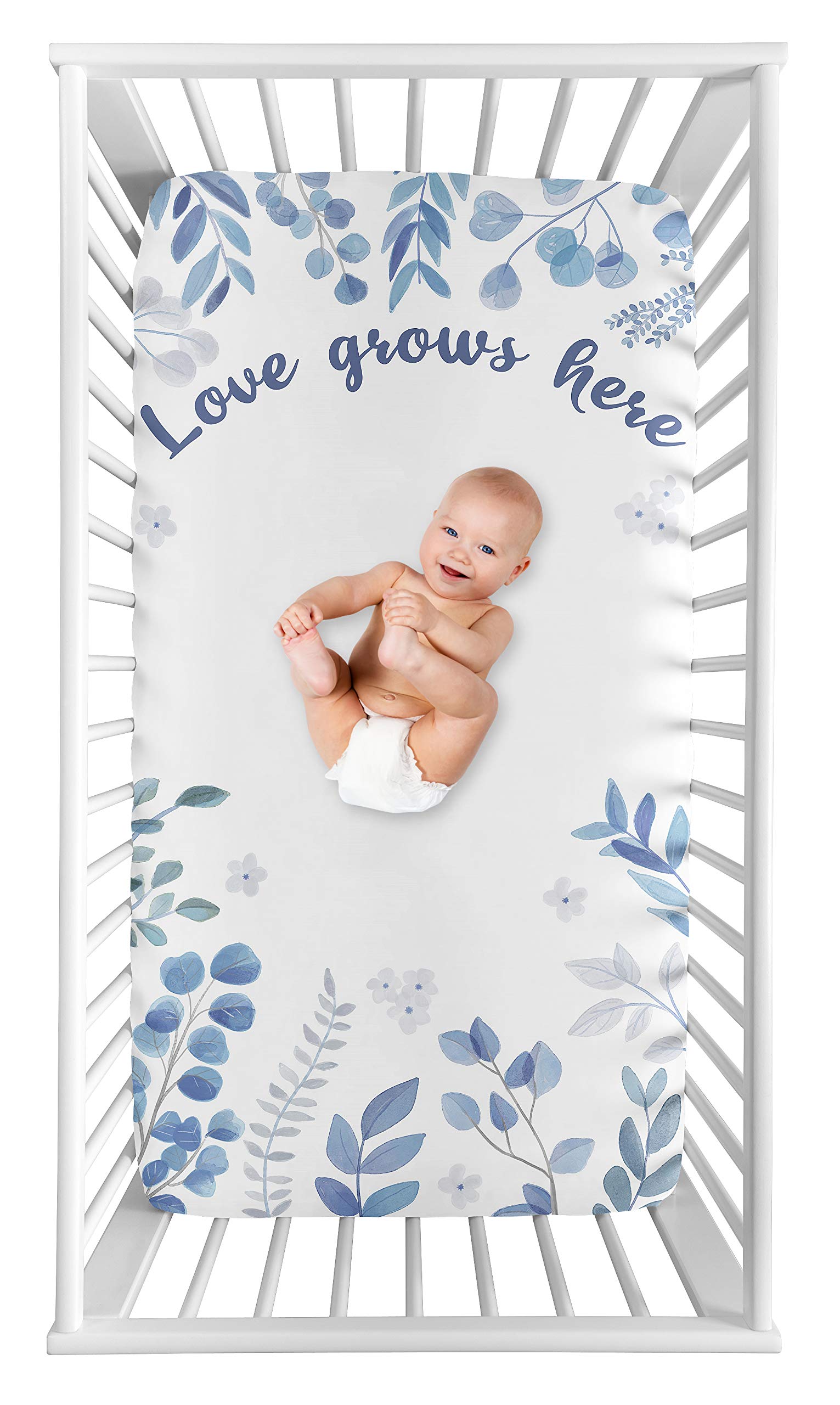 Sweet Jojo Designs Floral Leaf Boy or Girl Fitted Crib Sheet Baby or Toddler Bed Nursery Photo Op - Blue Grey and White Boho Watercolor Botanical Flower Woodland Tropical Garden Love Grows Here