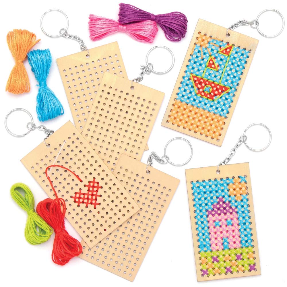 Baker Ross AT805 Wooden Keyring Cross Stitch Kits - Pack of 5, Arts and Crafts for Kids