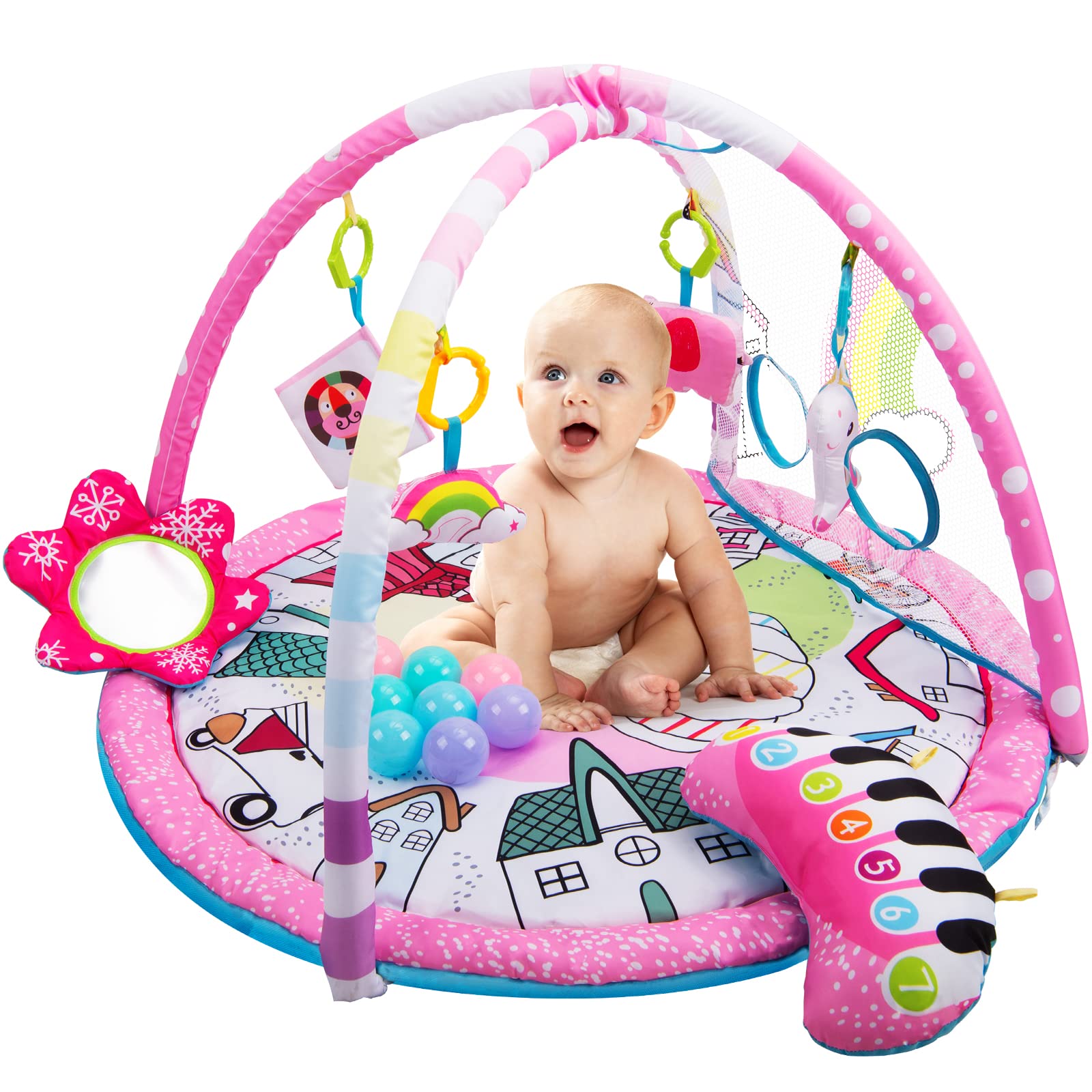 Amagoing Baby Gym Play Mat,4-in-1 Infant Activity Gym with 6 Detachable Toys & Ball Pit for Toddler Sensory and Motor Skill Development Discovery, Newborn Essential Gifts for 0-12 Months Baby Girl Boy