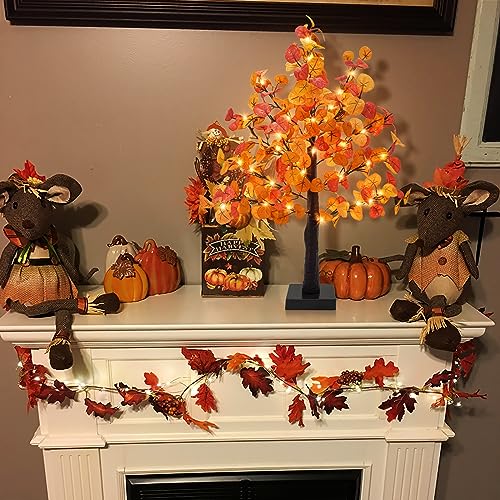 Agusbagli 24 Inch Artificial Fall Lighted Eucalyptus Tree Decor, 55 LED Battery Operated Fall Light Up Tabletop Tree with Timer for Indoor Home Wedding Harvest Fall Autumn Thanksgiving Decorations