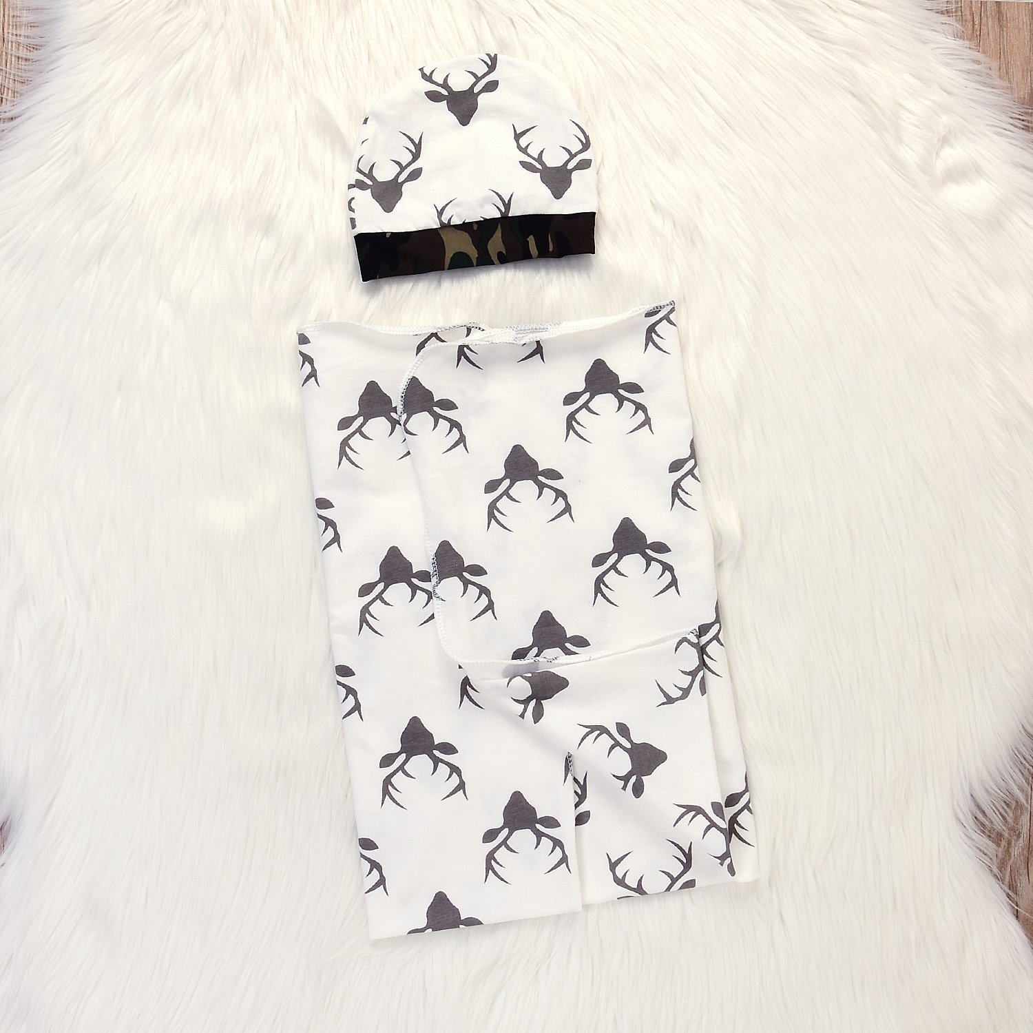 Soft Cotton Newborn Baby Swaddle Receiving Blanket Deer Printed Bath Towel with Hat Sets