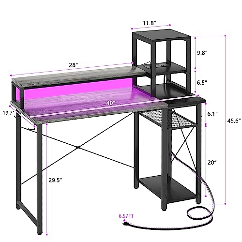 armocity 2023 Upgrade Gaming Desk with LED Lights, Small Computer Desk with Long Monitor Stand, 40'' Reversible Laptop Table with Storage Shelves, Small Desk for Small Spaces, Gaming Room, Grey