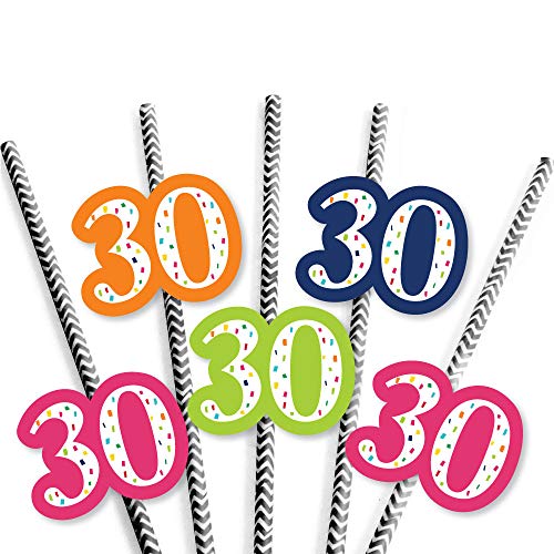30th Birthday - Cheerful Happy Birthday - Paper Straw Decor - Colorful Thirtieth Birthday Party Striped Decorative Straws - Set of 24