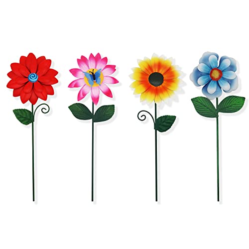 aboxoo 4 Pack Flower Garden Stakes Decor, Outdoor Metal Colorful Sunflowers Daisy Shaking Head Yard Art, Rust Proof Metal Flower Stick, Indoor Outdoor Pathway Patio Lawn Decorations
